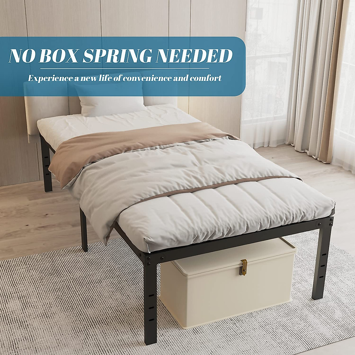 Chezisam Heavy Duty Twin Size Bed Frame 18 "High Metal Platform Bed Sturdy Steel Slat Mattress Base,with Bed Bottom Storage Space,No Box Spring Needed,Quick Installation,Non-Slip Noiseless