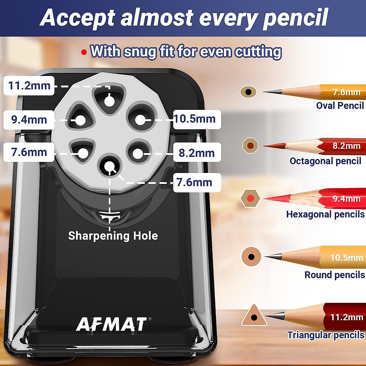Electric Pencil Sharpener Heavy Duty, 6 Holes, Auto Stop AFMAT Pencil Sharpeners for School, Classroom Electric Sharpener for 6-10.2mm Pencils, 7000 Sharpening Times, Do not Eat up Colored Pencils