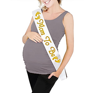 Mom to be Sash, White Satin with Gold Gitter Font with Baby Foot, Best Baby Shower Mommy Decorations Mother Gifts, Gender Reveal Party Baby Boy Or Girl Neutral Gender Reveal