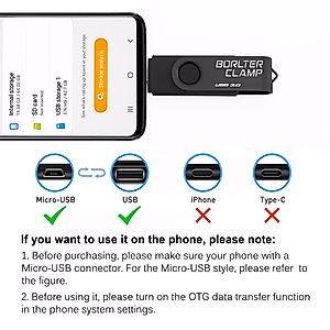 BorlterClamp 128GB USB 3.0 Flash Drive Dual Port Memory Stick, OTG Thumb Drive with Micro USB Drive Port for Android Smartphone Tablet & Computer (Black)