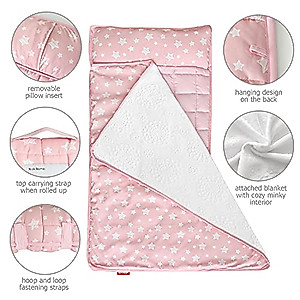 Moonsea Toddler Nap Mat Pink, Removable Pillow and Fleece Minky Blanket, Lightweight and Soft Perfect for Kids Preschool, Daycare, Travel Sleeping Bag for Girls, 21" x 50" Fit on a Standard Cot