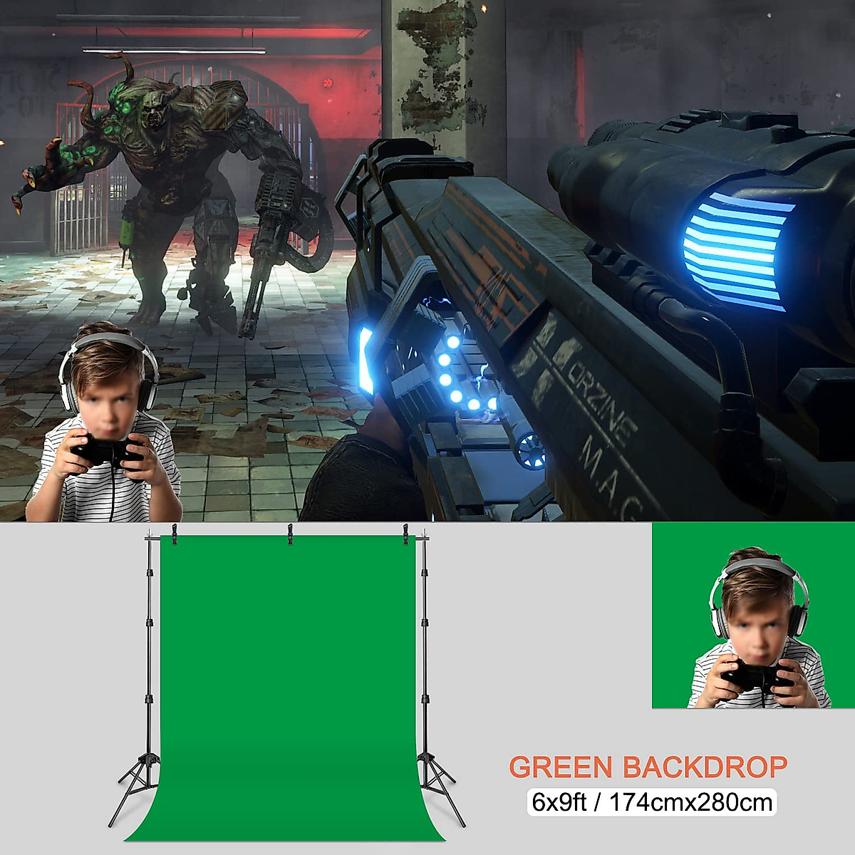 Yesker Photography Lighting Umbrella Kit, 6x9ft Muslin Backdrop (White/Black/Green Screen Kit), 8.5x10ft Background Support System Continuous Lights Umbrella Equipment for Portrait Photo Video Studio