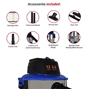 Koblenz WD-12 L314 SS Wet-Dry Vacuum, 12 Gallon Stainless 6.0HP, 1 7/8 x 7 Ft EVA Hose, Stainless+Blue 5 Year Warranty