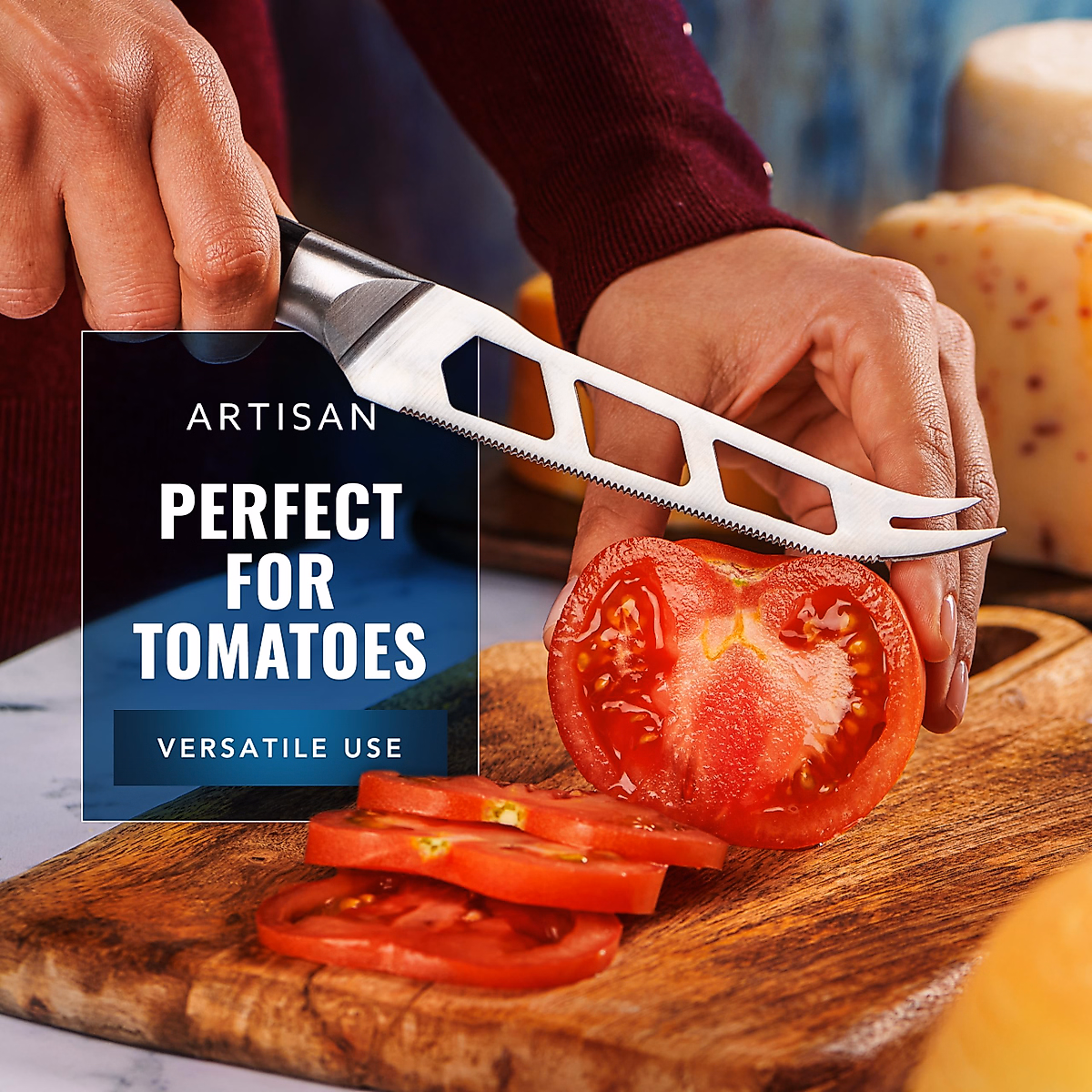 Cutluxe Cheese Knife – 5" Cheese Knife Slicer for Soft and Hard Cheese – Pronged, Serrated & Non Stick Blade – High Carbon German Steel, Full Tang & Ergonomic Handle Design – Artisan Series