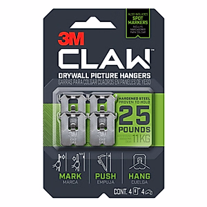 3M CLAW 25 lb. Drywall Picture Hanger with Spot Markers, Heavyweight Hanging Solution for Room Decor and Office Decor, Including Mirrors or Large Art – 4 Pack