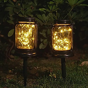 Solar Mason Jar Lantern, 2 Pack 30 LED Hanging Solar Mason Jar Lights Outdoor Retro Waterproof Fairy Lights with Stakes for Garden, Lawn, Patio, Yard, Pathway (2 Pack)