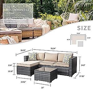 SUNLEI 3-Piece Patio Sectional Sofa, Patio Furniture Set with Detachable Soft Cushions, All Weather Outdoor PE Wicker Patio Conversation Sofa Set with Glass Coffee Table & ottoman, Silver Rattan/Beige