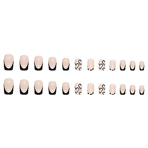 Press on Nails Medium Square Fake Nails French Tip False Nails with Designs Black Heart Pink Acrylic Full Cover Stick on Nails Nude Glossy Glue on Nails Reusable Nude Artificial Nails for Women Girls 24pcs
