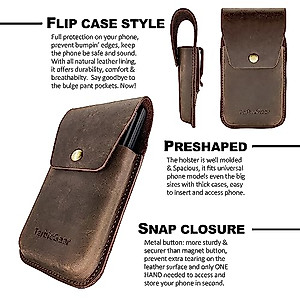 TarbicGear Leather Phone Pouch for Belt, S22 Ultra Belt Clip Holder for Men, Large Phone Holster, iPhone 13 Pro Max Belt Clip Case, Universal Smartphone Leather Sheath