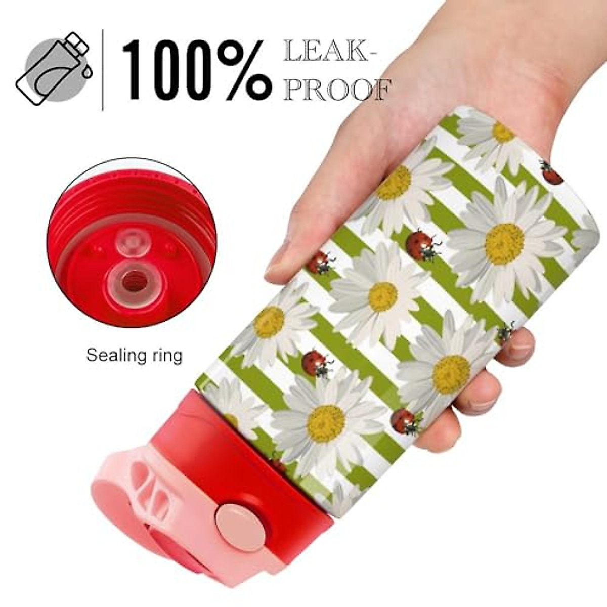 Kids Water Bottle with Straw Lid White Daisies And Ladybugs Print 12 Oz/350 Ml Stainless Steel Reusable Thermos Bottles