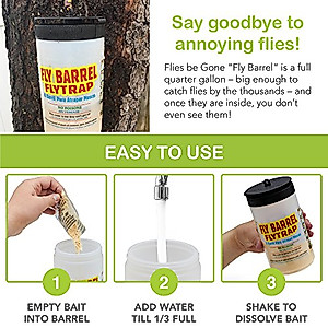 Flies Be Gone Barrel Fly Trap - Reusable Container with Patent Pending Screw Lid – 2 Non-Toxic, Poison and Pesticides Free KM34 Fly Attractant Packs - for Outdoor Home and Commercial Use