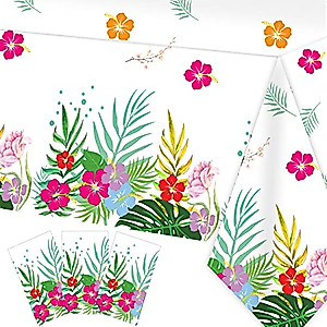 3 Pack Hawaiian Luau Tablecloths for Party Decoration, Hawaii Disposable Plastic Rectangular Table Covers, Aloha Tropical Palm Leaves Table Cloth, Summer Beach Kids Birthday Cocktail Party Supplies