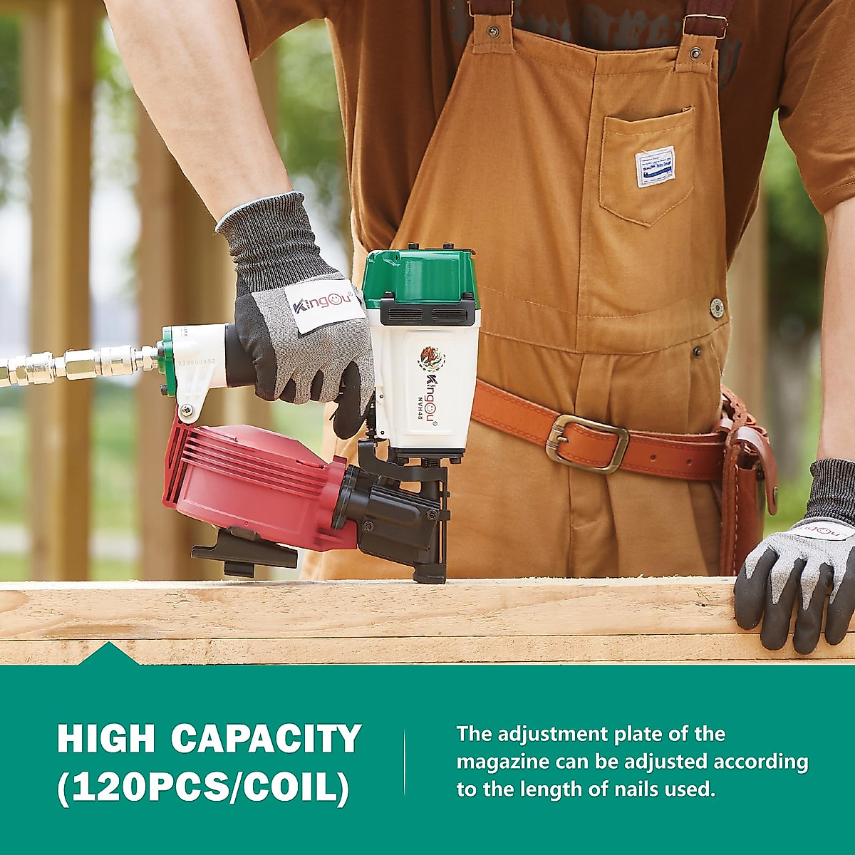 Kingou Mexican Style NVH45 Roofing Nailer Gun For Roofing Constructions Accepts 7/8-Inch to 1-3/4-Inch Nails 15 Degree With 3/8 NPT Air Connector 120-pcs Load Capacity Roofing Nailer