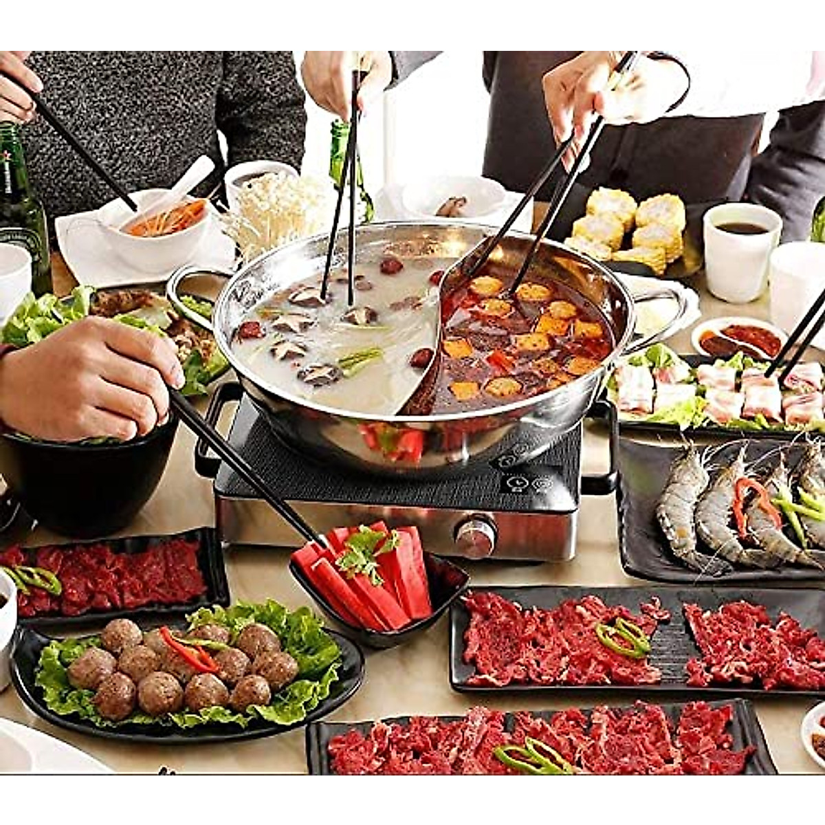 Shabu Shabu Hot Pot. 304 Premium Stainless Steel Hot Plate Cookware Set Ramen Cooker, Hot Pot Soup Base Korean BBQ Multi Cooker Stainless Steel Pot Set, 11"(30cm) Pot with Divider