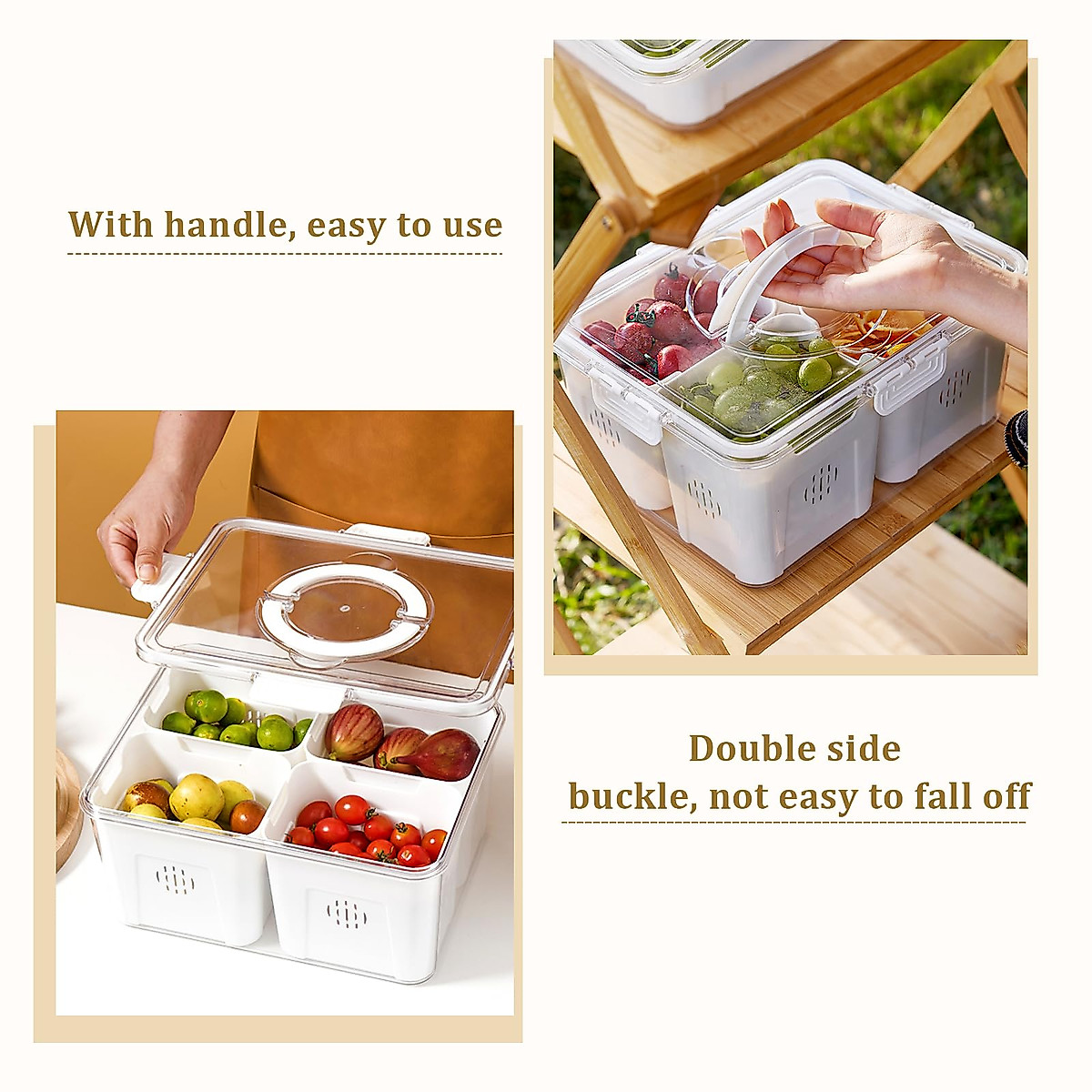 Dualshine Airtight Fruit Storage Containers for Fridge with lid and Handle,4 Removable Colanders,Food Storage Container for Fruit, Vegetables,Fresh Produce Saver,Great Refrigerator Organizer Bins