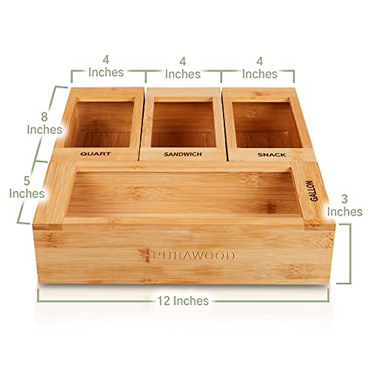 Purawood Ziplock Bag Storage Organizer - Natural Bamboo Organizer to Declutter Your Kitchen – Easy & Efficient Ziplock Bag Organizer - Plastic Bag Holder Compatible with all Brands (4-Pack)