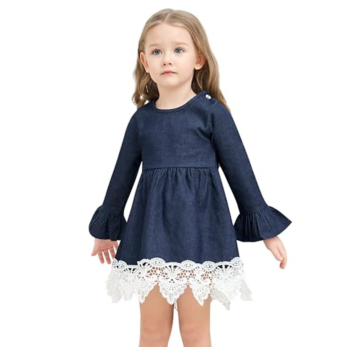 itkidboy Toddler Baby Girl Clothes Long Sleeve Dress Ruffle Denim Skirt Lace Hem Princess Party Dress Outfits Set 2-3T Blue