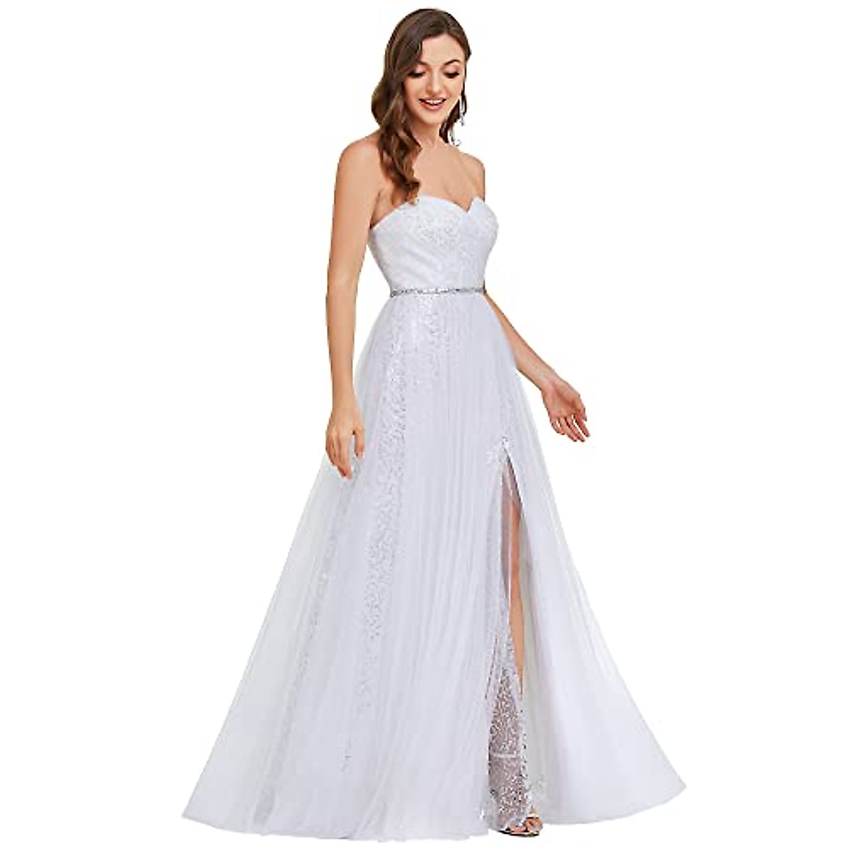 Ever-Pretty Women's Sexy Strapless Lace up Back Tulle High Slit Wedding Dresses for Bride White US6