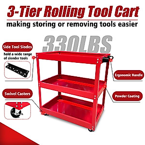 YATOINTO Updated Rolling Tool Cart 330LBS Metal 3 Tier Rolling Cart Carts with Wheels Heavy Duty Utility Carts, Ergonomic Handle Rolling Mechanic Tool Cart Storage Organizer for Warehouse Garage