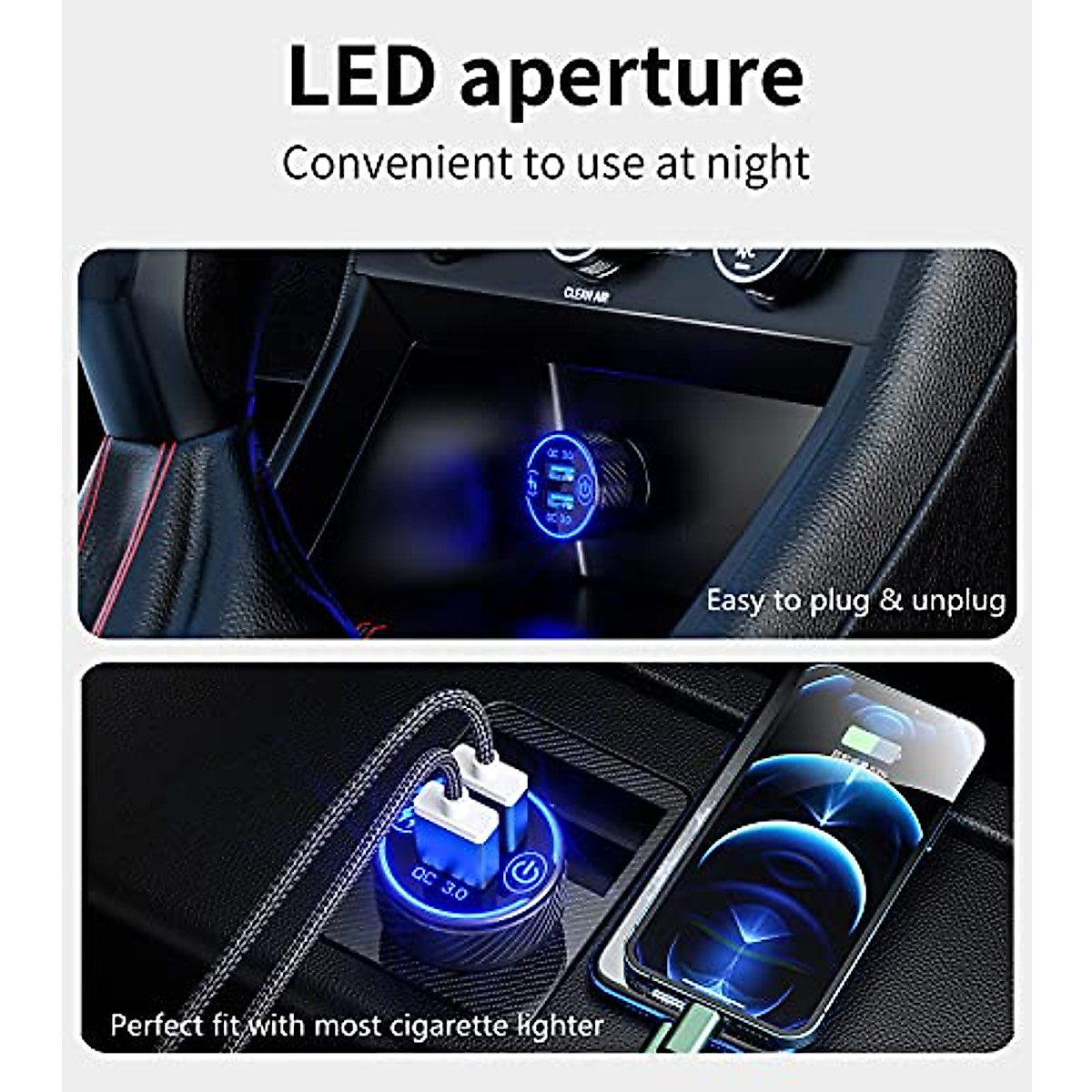 KEWIG Car Charger, 36W 3A Fast Car Charger Adapter, Dual QC3.0 USB Car Charger Fast Charge with Blue LED & ON/Off Switch