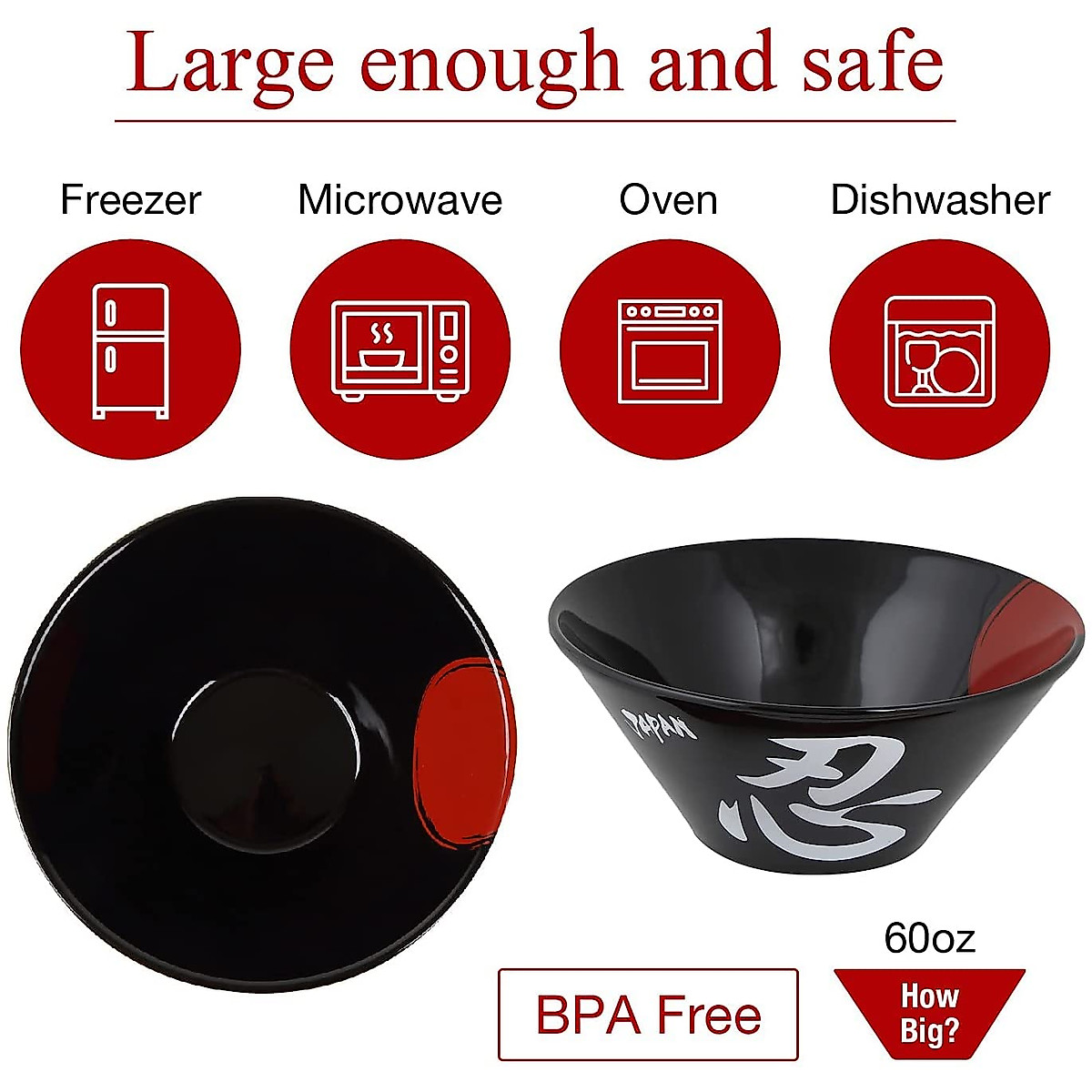 HAKONE YOSEGI Ceramic Japanese Ramen Bowl Set (Black, 60oz)