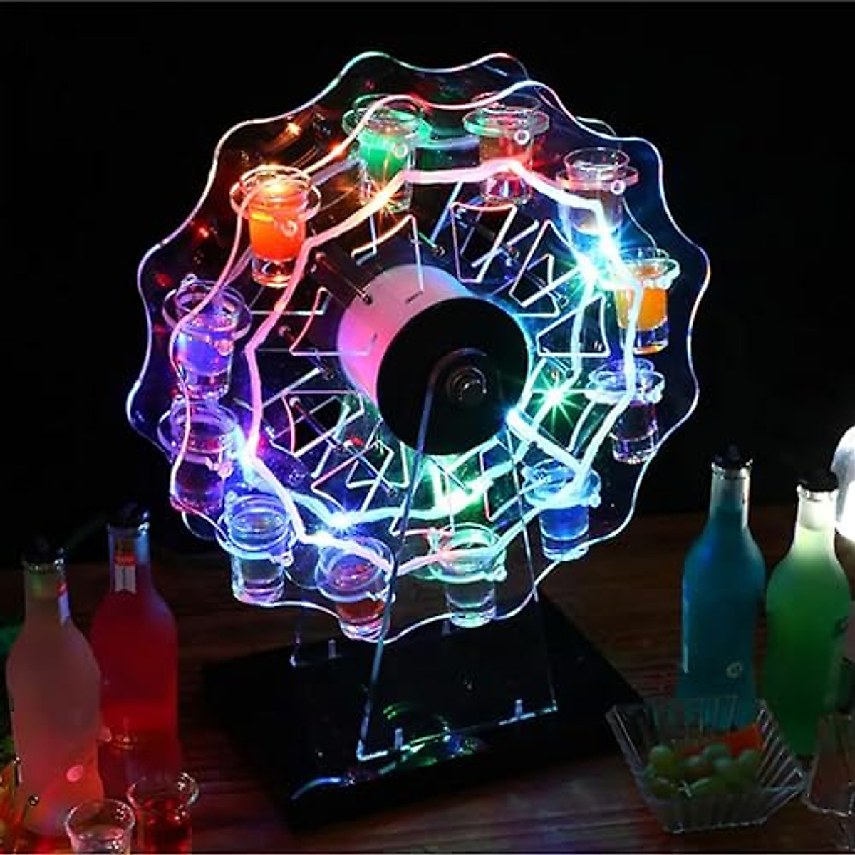 YTCYKJ LED Neon Champagne Wine Acrylic Cup Holder, Ferris Wheel Shape, Rechargeable Cocktail Shelve, Colorful Light,Liquor Bottle Display Rack for Party Club, KTV, Bar,Birthday, Wedding, Anniversary