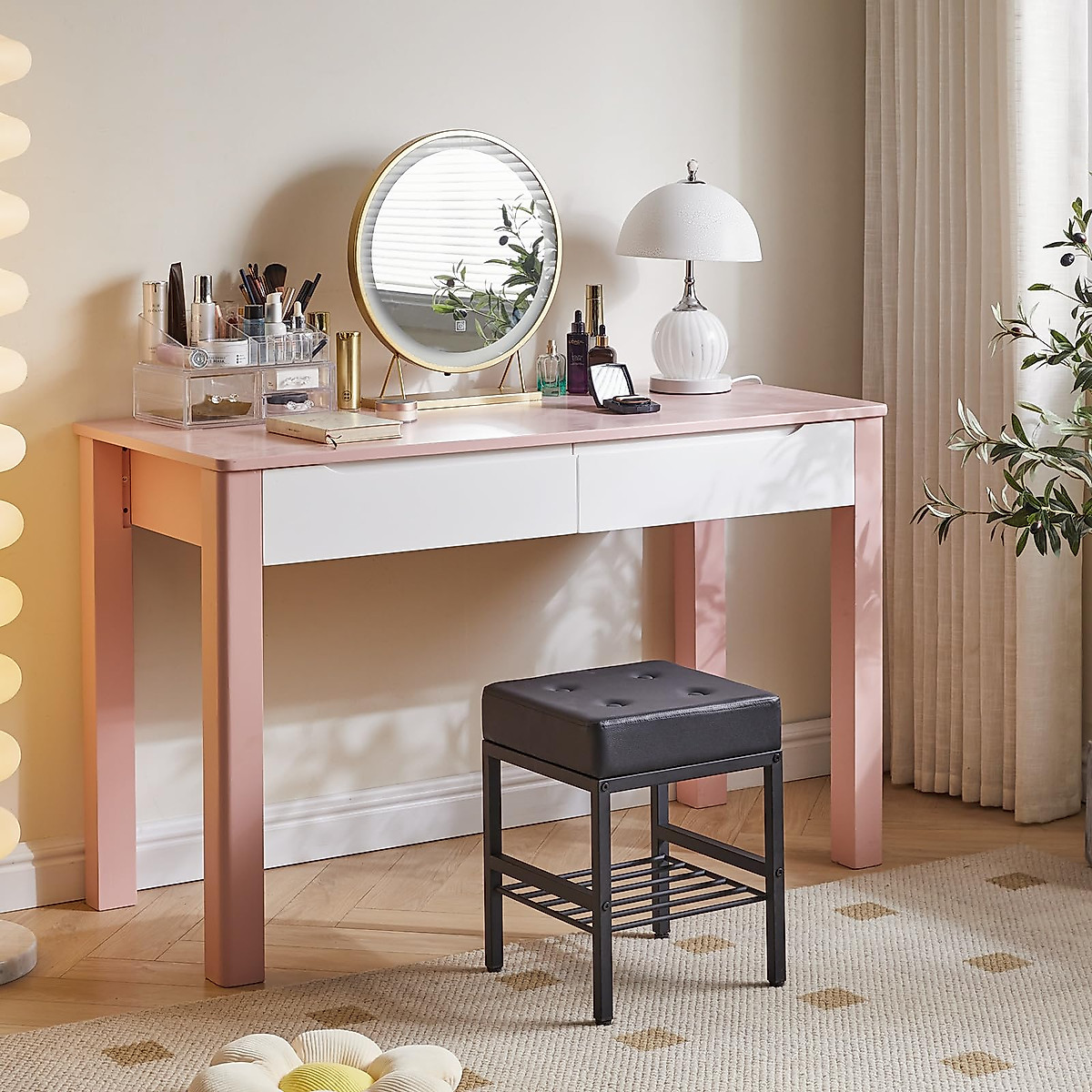 IBUYKE Square Makeup Stool with Adjustable Feet and Storage Space, Footrest Stool, PU Seat Vanity Stool, Multi-Use as Small Side Table or Ottoman, for Bedroom, Black LG-60B