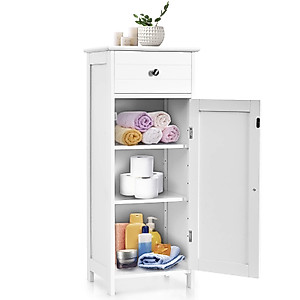 COSTWAY Bathroom Storage Cabinet, Single Door Floor Cabinet with Drawer and 3-Level Adjustable Shelves, Modern Side Storage Organizer with Anti-Tipping Device for Living Room, Bedroom (White)