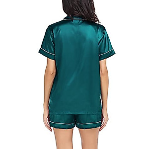 SWOMOG Woman Silk Pajamas Sets Button-Down Satin Loungewear Sleepwear 2 Pieces PJs Sets Cute Bridemide Mightwear Green