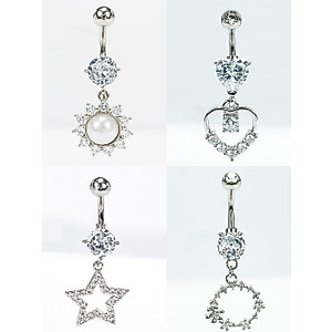 14G Surgical Steel Belly Button Rings Round/Love Heart Clear CZ Navel Curved Barbell Studs Sexy Body Piercing (4PCS - Steel - Style B)