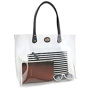 PVC Clear Womens Tote With Striped Zipper Clutch Weekender Shoulder Handbag (Black&White Stripes) Medium