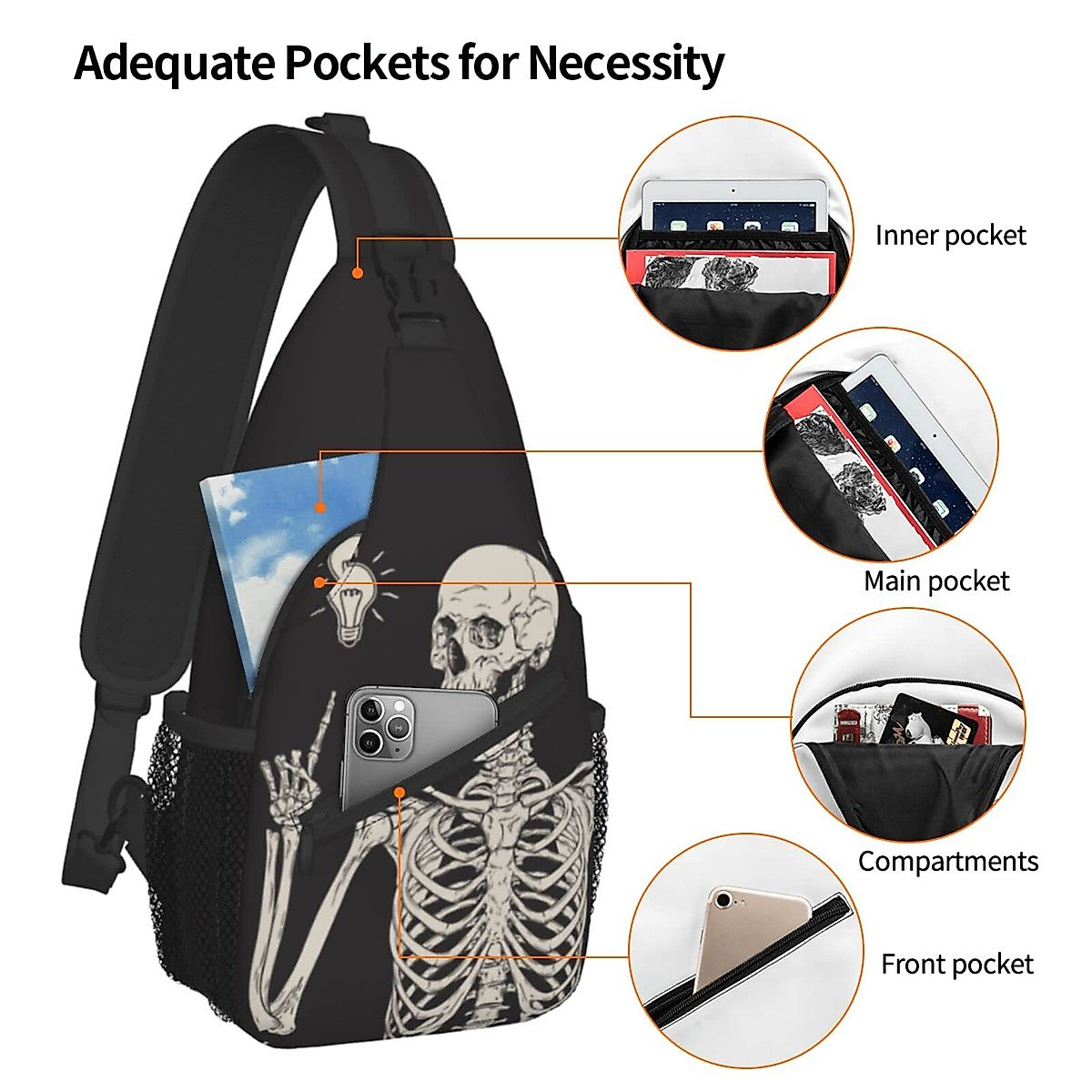 Yamegoun Funny Skull Sling Bag Backpack Women Men Crossbody Shoulder Chest Bag Unisex for Travel Casual Hiking with Adjustable Strap
