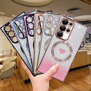 ZONRW for Samsung Galaxy S22 Ultra Case Magnetic,for Women Girl Soft Luxury Plating Bling Gradient Glitter Cute Heart Cover Compatible with MagSafe Clear Shockproof Protective Phone Case 6.8”-Silver