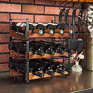 X-cosrack Rustic 3 Tier Stackable Wine Rack Freestanding 12 Bottles Organizer Holder Stand Countertop Liquor Storage Shelf Solid Wood & Iron 17" L x 7.2" W x 16.5" H-Patent Design