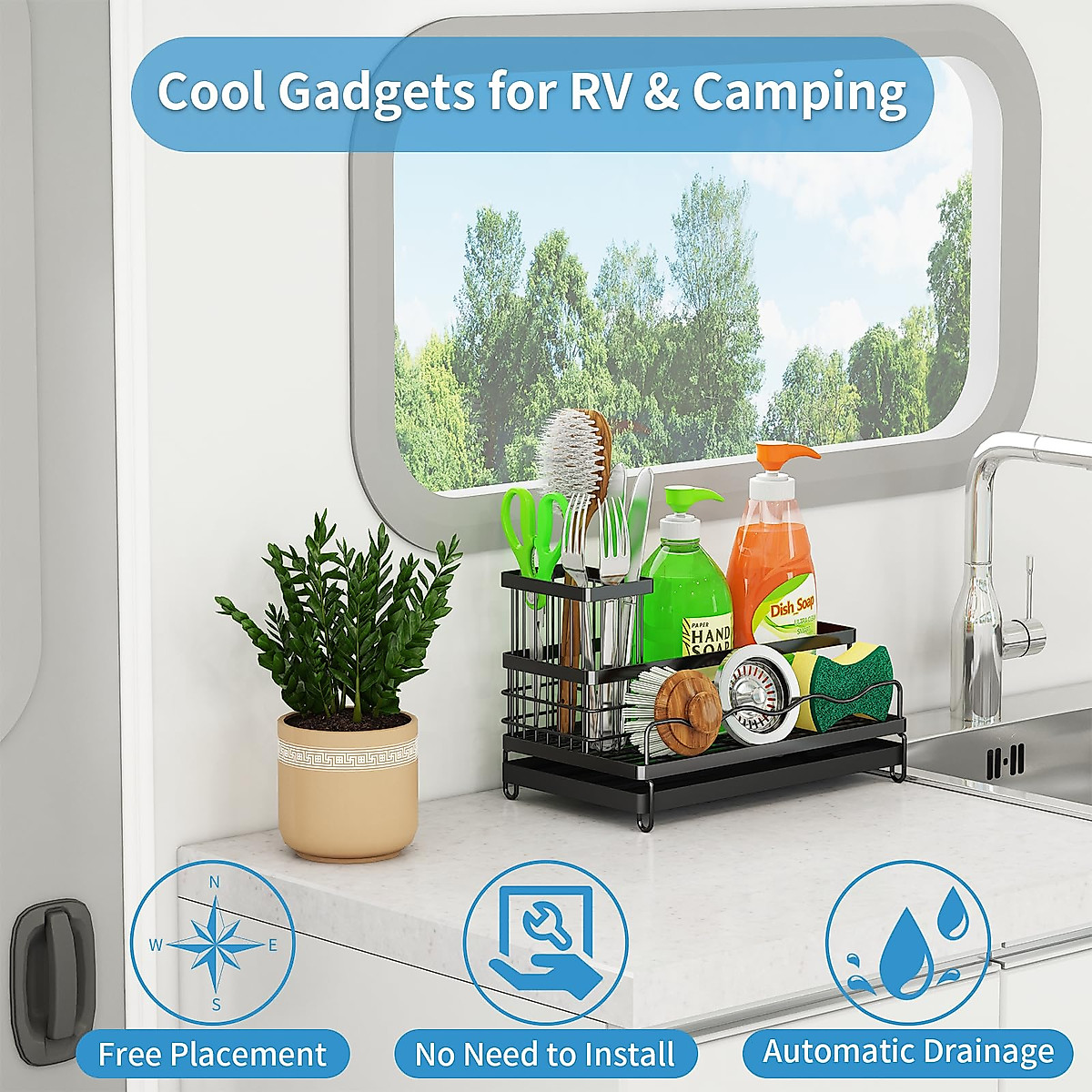 Godboat Kitchen Sink Organizer - 201 Stainless Steel Sink Caddy with Dish Brush Holder, Sponge Holder with Auto-Drain, 360° Swivel Spout, Kitchen Gadgets and Decor for Tiny Home, Gifts for Women, Mom