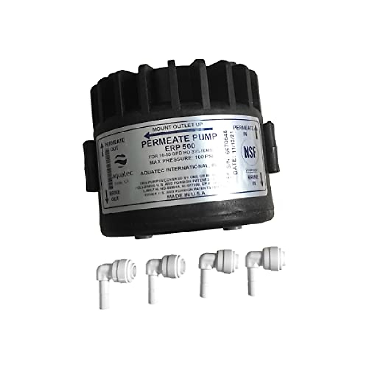 Aquatec ERP-500 Permeate Pump with 1/4" QC JG Inserts. Includes Mounting Clip, Screws, and Plug In Stem Elbow Pump/Tube Connectors (ERP500)