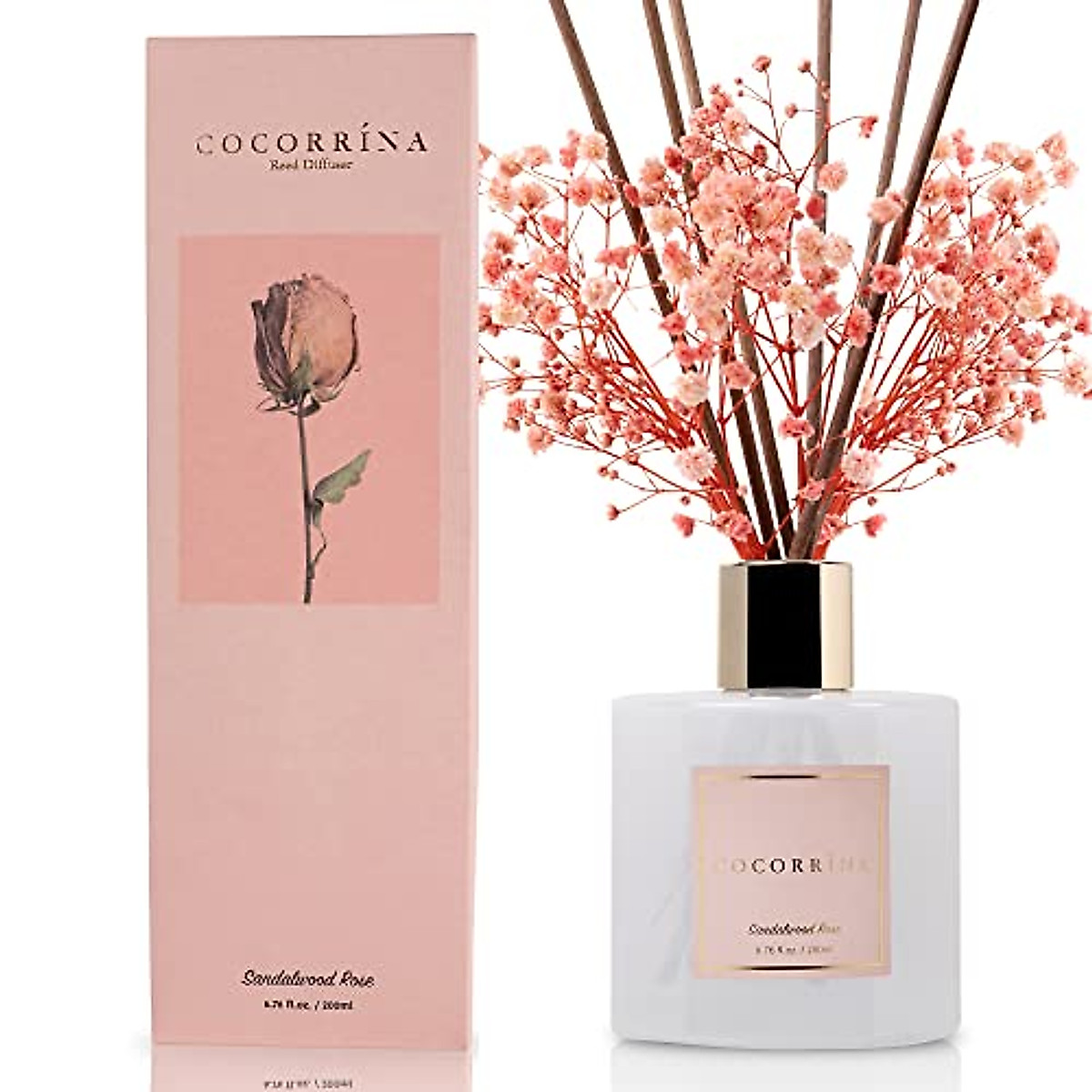Cocorrína Premium Reed Diffuser Set with Preserved Baby's Breath & Cotton Stick Sandalwood Rose | 6.7oz Scent Fragrance Oil Diffuser for Bedroom Bathroom Living Room Home Décor