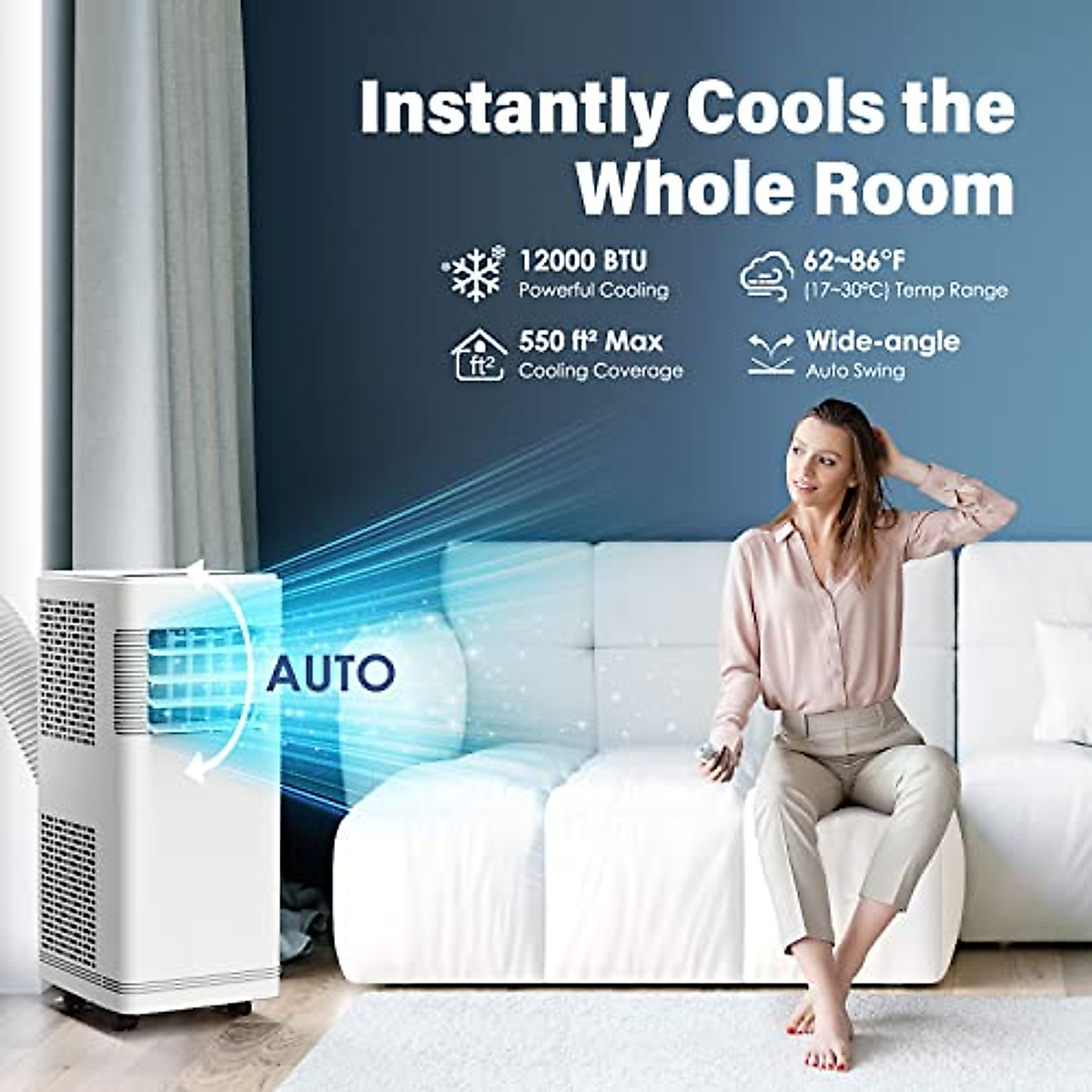 AirChoice Portable Air Conditioner, 12000 BTU Air Conditioner Portable for Room Up to 550 Sq.Ft, 3-in-1 with Dehumidifier and Fan Mode, 24H Timer, Remote Control, Quiet Portable AC Unit, Window Kit