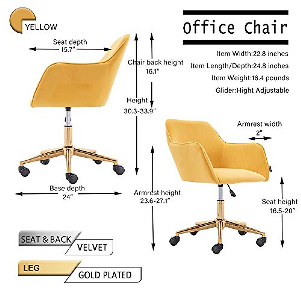 Modern Office Chair Velvet Material Yellow Dressing Chair Adjustable Height Living Room Swivel Chair 360° Medieval Table Chair with Wheels W521 24.8Dx22.8Wx33.9H''