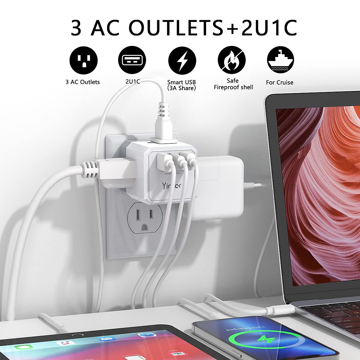 Multi Plug Outlet, Yintar 3-Outlet Extender USB Wall Charger with 3 USB Ports(2U1C), No Surge Protector for Cruise Ship, Home, Office, ETL Listed, Ideal Stocking Stuffers for Adults