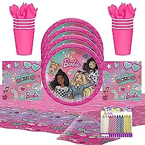 Barbie Dream Together Party Supplies Pack Serves 16: 7" Dessert Plates Beverage Napkins Cups and Table Cover with Birthday Candles