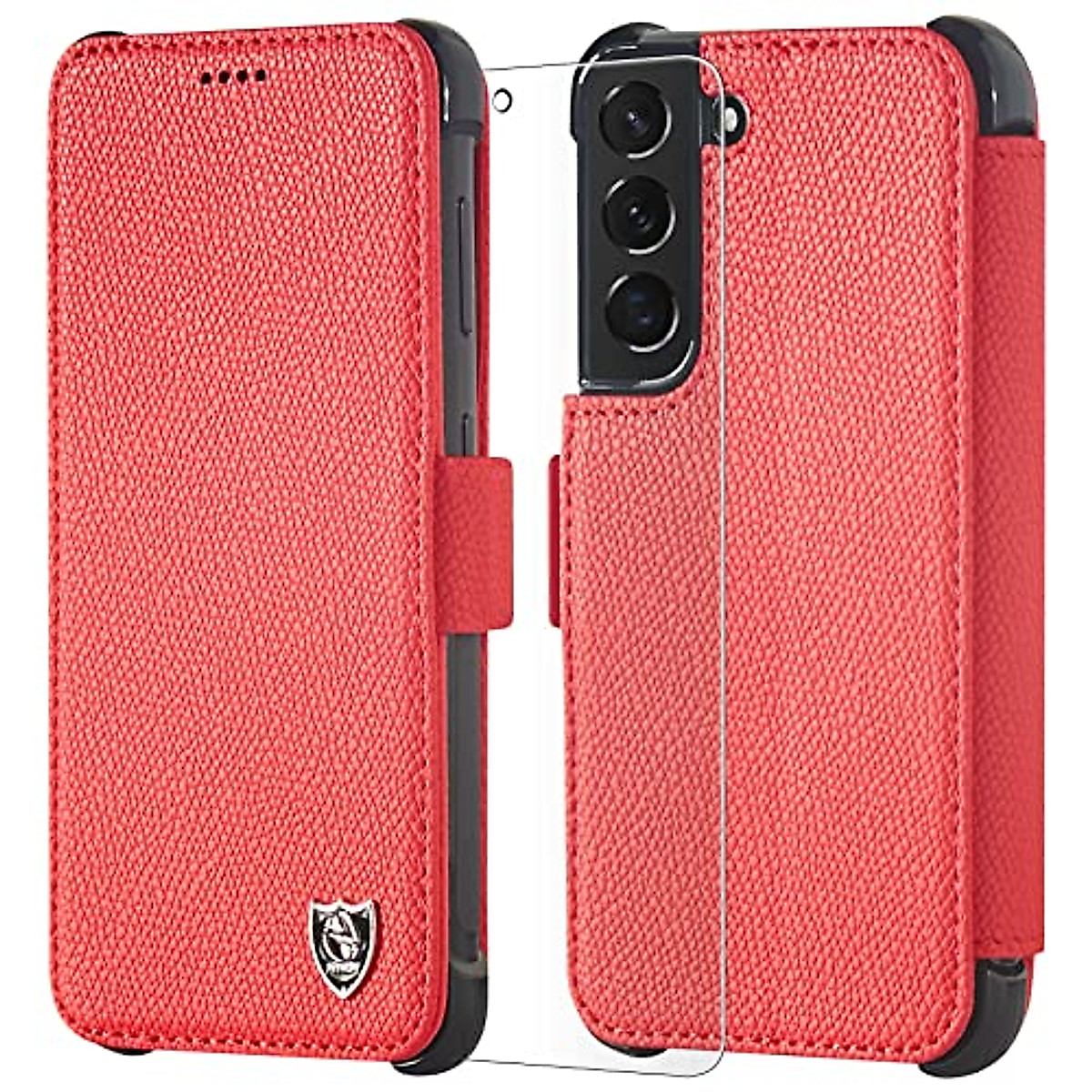 PYTWOPY Wallet Case for Galaxy S22+ Plus 5G [Credit Card Holder],[RFID Blocking],Shockproof Leather Flip Phone Case with Screen Protector Film Magnetic Clasp Kickstand Protective Cover,Red