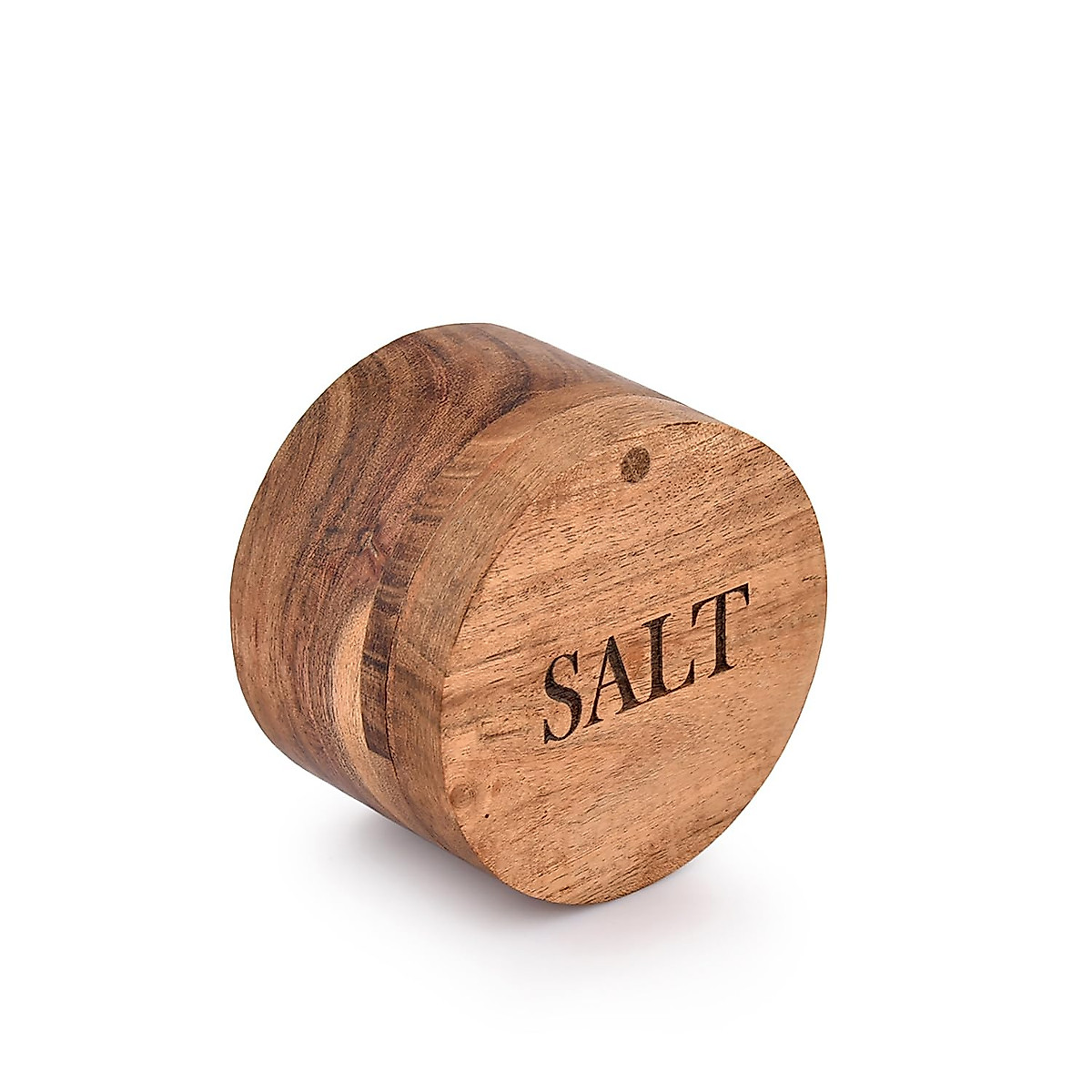 EDHAS Acacia Wood Round Condiment Pot with Magnetic Swivel Lids for Kitchen Countertop "Salt" Engraved on Lid (3.5” x 3.5” x 2.5”)