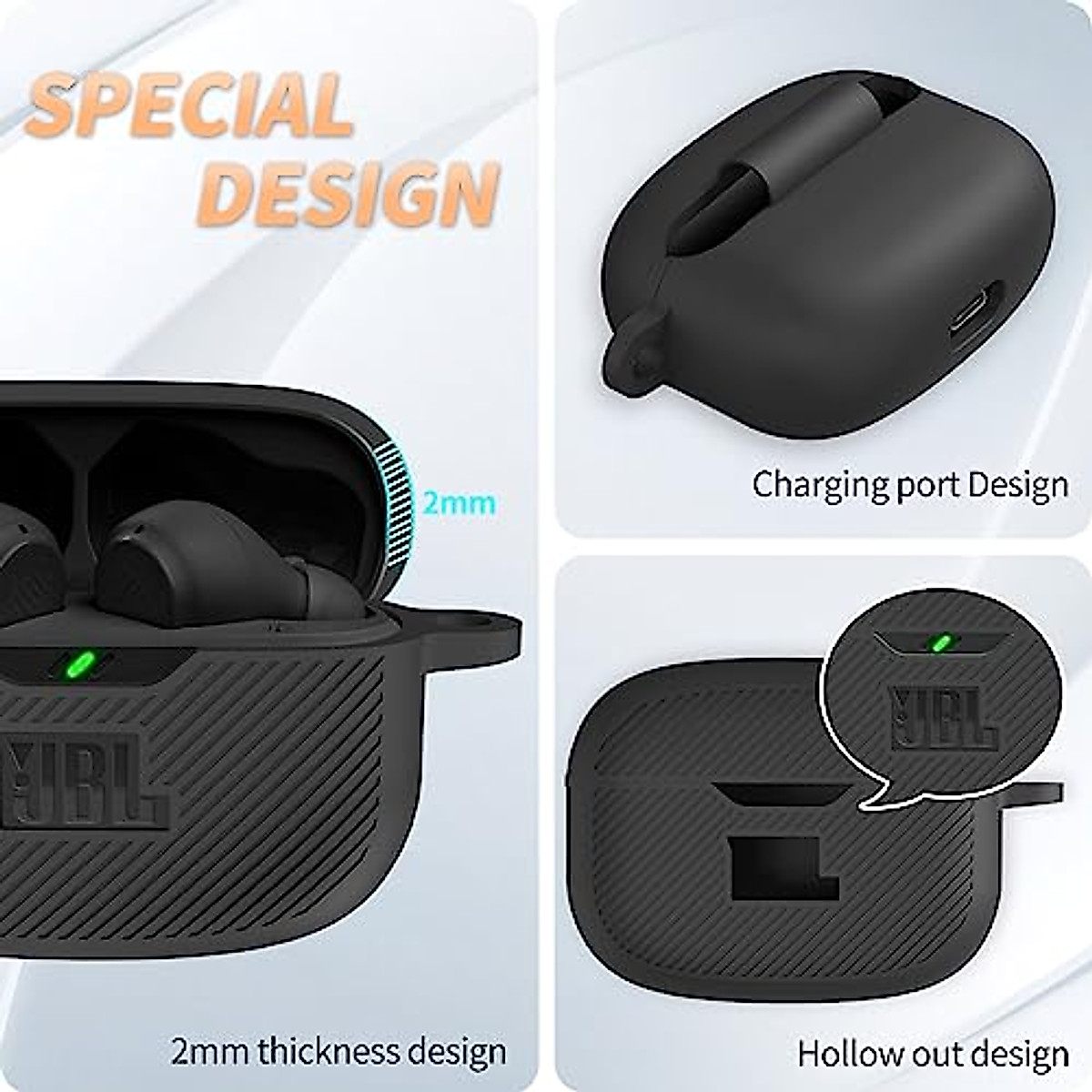 YIPINJIA for JBL Vibe 200TWS/JBL Vibe Beam Case Cover, Silicone Protective Shock Cover Compatible with JBL Vibe 200TWS & JBL Vibe Beam True Wireless Headphones Charging Case with Carabiner(Black)