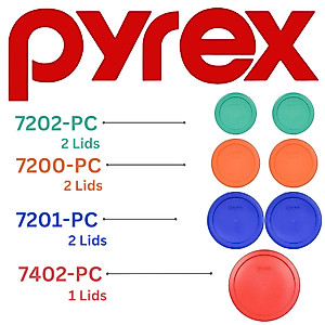 Pyrex Bundle - 7 Items (1) 7402-PC 6/7 Cup Red (2) 7201-PC 4 Cup Cobalt Blue (2) 7200-PC 2 Cup Orange (2) 7202-PC 1 Cup Green Food Storage Lids