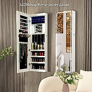 KEDLAN Jewelry Armoire Organizer, Lighted Full Length Mirror with Jewelry Cabinet,LED Wall/Door Mounted Jewelry Box for Women,Makeup Organizers and Storage with Magnetic Lock,White