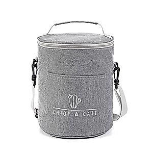 Dezapuby Waterproof Oxford Bento Bag Portable Round Insulated Lunch Bag with Removable Strap Thicken Aluminum Cooler Bag Two-way Zipper for Women and Men Work Travel Picnic (Gray)
