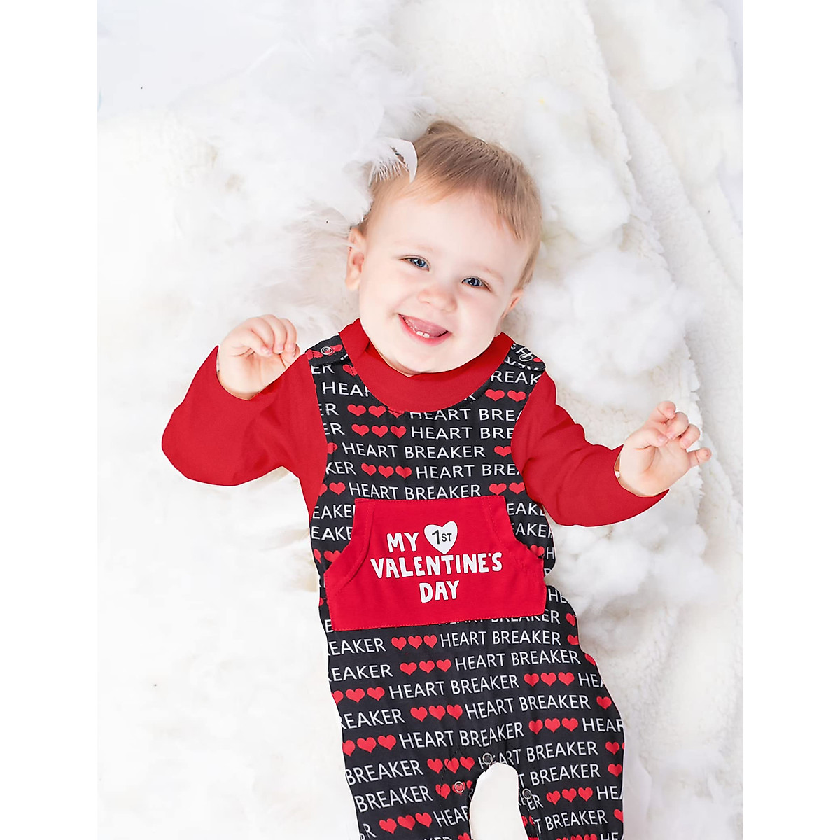 DONWEN Baby Boy Valentines Day Outfit 9-12 Months My First Valentine's Day Romper Print Overall Valentine Outfit for Baby Boy