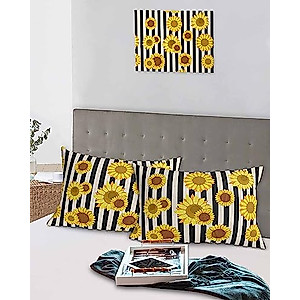 Edwiinsa Sunflower Pillow Covers Standard Size Set of 2 20x26 Bed Pillow, Summer Farmhouse Black and White Striped Plush Soft Comfort for Hair/Skin Cooling Pillowcases with Envelop Closure
