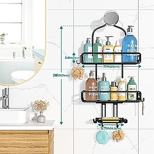 HAMITOR Adjustable Large Shower Organizer with Soap Holder - Rust Proof Bathroom Shelf Shampoo Storage Rack with 3-Tier Baskets - 4 Movable Hooks for Razor Loofah Black